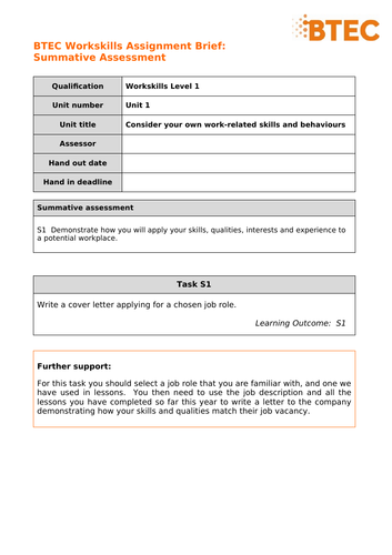 BTEC Level 1 Workskills 2021: Unit 1: Lesson 15 - Summative assessment ...