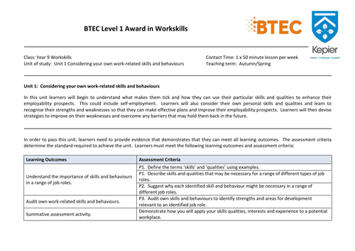 BTEC Level 1 Workskills 2021: Unit 1 - Considering your own work ...