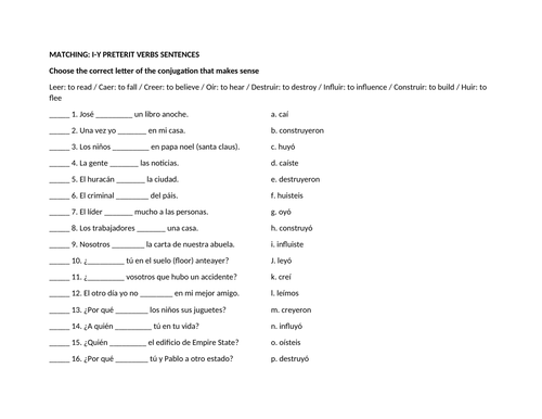 I-Y preterit sentences matching practice | Teaching Resources