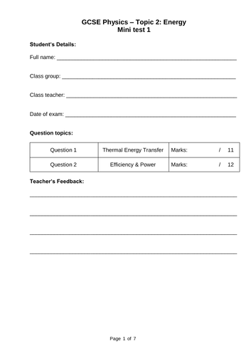 GCSE Physics Energy Mini Test | Teaching Resources