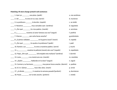 IR stem change preterit matching practice | Teaching Resources