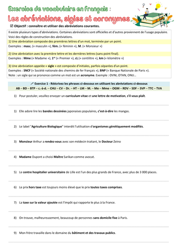 [French A2, B1] 3 exercises on ABBREVIATIONS (les abréviations ...
