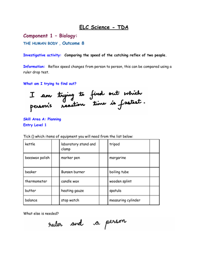 ELC/AQA Biology Required Practical/TDA/ Reaction Time Ruler Test ...