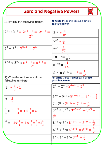 Zero and Negative indices: arithmetic | Teaching Resources