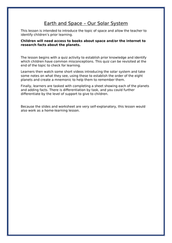 Year 5 Space Lesson 1 - Our Solar System (with pre-assessment ...