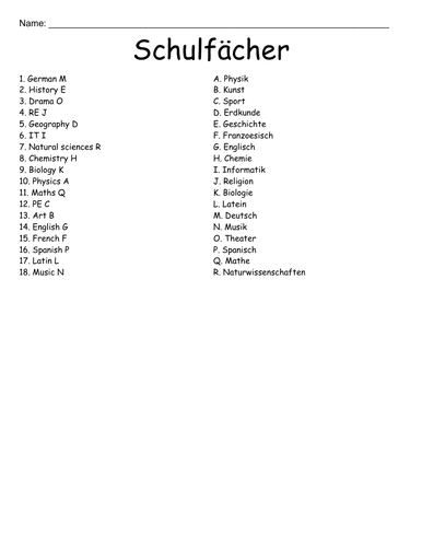 Schulfächer - Crossword Puzzle, Matching Activity, Wordsearch ...