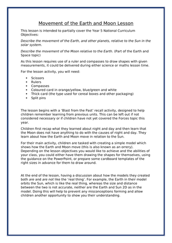 Year 5 Space Lesson 4 - Earth & Moon Movement | Teaching Resources