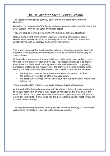 Year 5 Space Lesson 6 - The Geocentric and Heliocentric Solar System ...