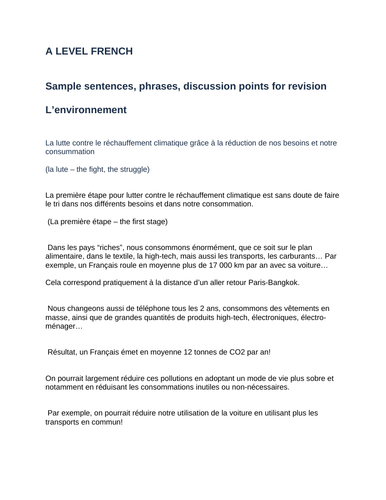 La lutte contre le réchauffement climatique A LEVEL FRENCH REVISION ...