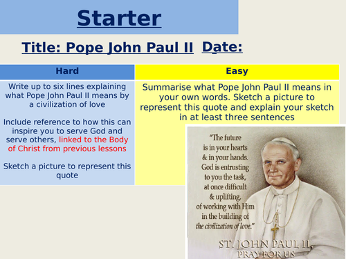 RE religion x 2 lessons Pope John Paul II and Benedict XVI Catholic ...