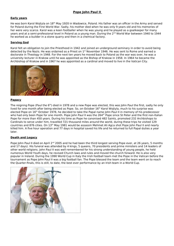 RE religion x 2 lessons Pope John Paul II and Benedict XVI Catholic ...