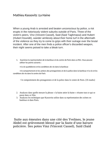 Mathieu Kassovitz :La Haine A Level French Film Revision Sheet ...