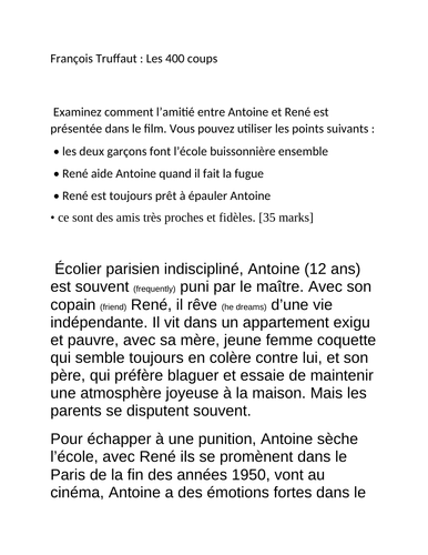 François Truffaut : Les 400 coups A LEVEL FRENCH FILM revision sheet ...