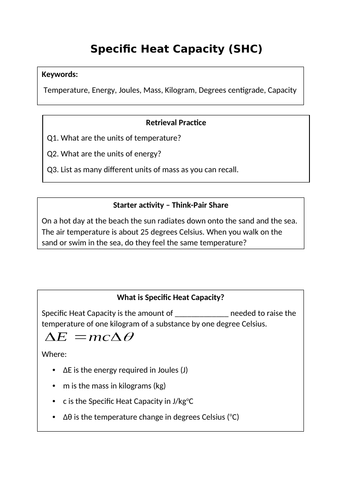 Specific Heat Capacity - Intro Worksheet | Teaching Resources