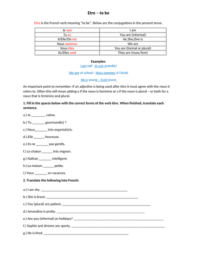 Etre present tense | Teaching Resources