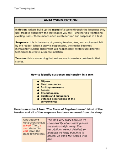 Year 7 ANALYSING FICTION | Teaching Resources