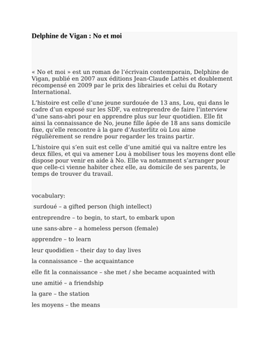 Delphine de Vigan : No et moi - SUMMARY IN FRENCH WITH VOCABULARY ...