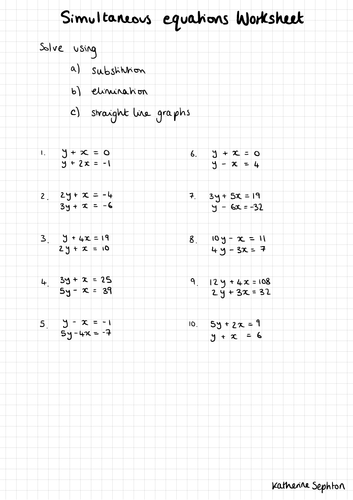 Simultaneous Equations Explanation Sheet, Worksheet and Answers ...