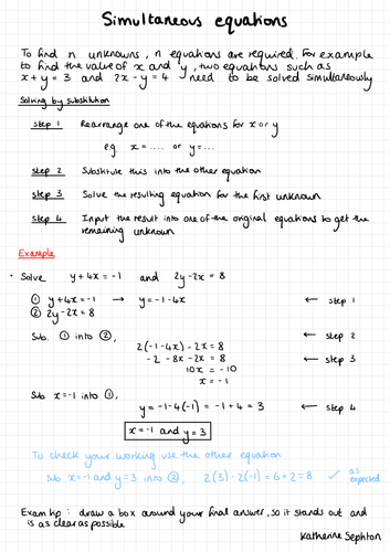 Simultaneous Equations Explanation Sheet, Worksheet and Answers ...