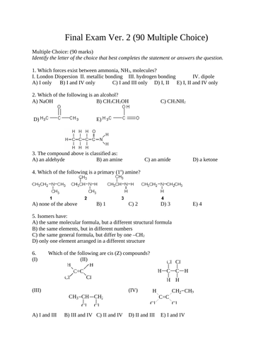 2 CHEMISTRY FINAL EXAMS GRADE 12 WITH ANSWERS SCH4U Chemistry ...