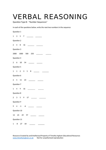 11+ Verbal Reasoning Worksheet: Number Sequences | Teaching Resources