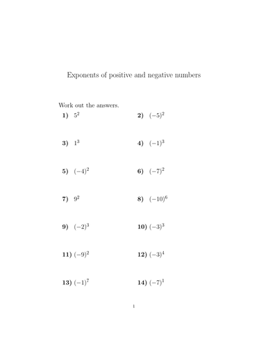Exponents of positive and negative numbers worksheet (with solutions ...