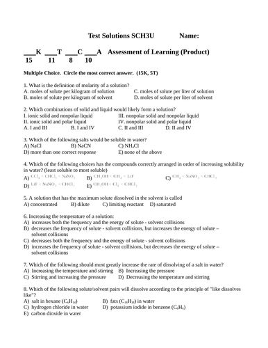 11 SOLUTION ASSESSMENTS Solutions and Solubility Unit Tests Solution ...
