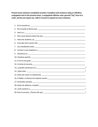 Present tense sentence completion practice | Teaching Resources
