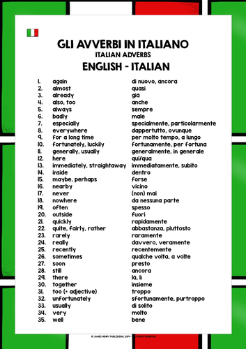 ITALIAN ADVERBS LIST | Teaching Resources
