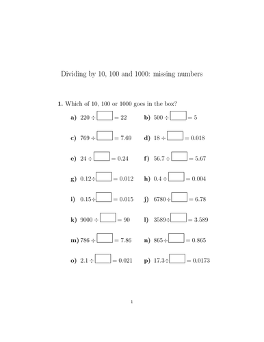 Dividing by 10, 100 and 1000: missing numbers worksheet (with solutions ...