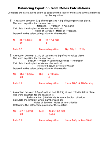 GCSE Chemistry - Balancing Equations from Moles | Teaching Resources