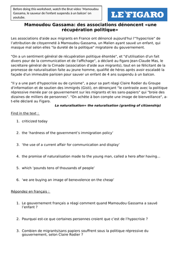 A level french immigration reading comprehension | Teaching Resources