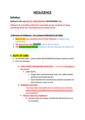 OCR LAW - NEGLIGENCE A/A* NOTES (TORT LAW) | Teaching Resources