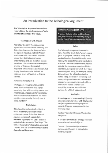 The Teleological Argument, complete resource pack | Teaching Resources