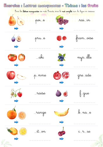 [French A1] Complete the words (missing letters). Fruits | Teaching ...