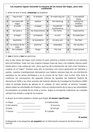 Spanish A Level La igualdad de los sexos - household chores, women ...