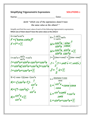 Trig Identities - Simplifying Trig Expressions - Activity/Quiz (typed ...