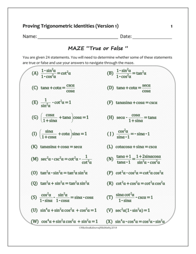 Trigonometric Identities - Maze "True or False" (full typed solutions ...
