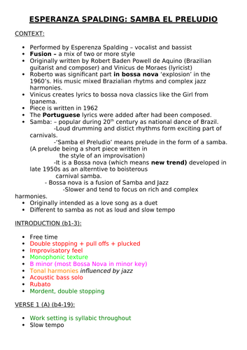 Edexcel GCSE Music Grade 9 Notes (Samba el preludio) | Teaching Resources