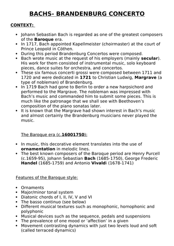 Edexcel Music GCSE Grade 9 Notes (Bach Brandenburg concerto) | Teaching ...