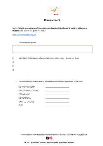 Unemployment worksheet for GCSE Business and A Level Business ...