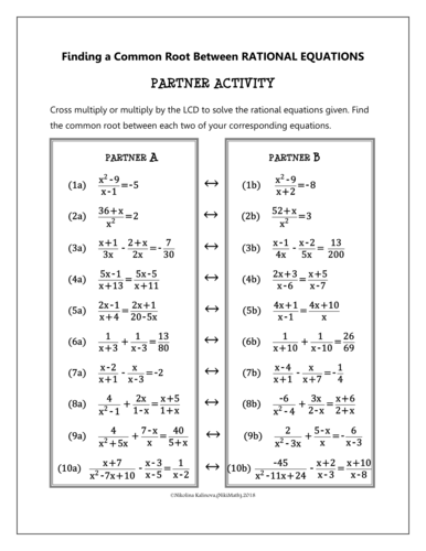 RATIONAL EQUATIONS Finding a Common Root - Partner Activity | Teaching ...
