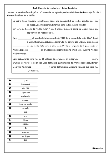 Spanish A Level Reading AQA Gap Fill Exam Practice (10 Questions ...