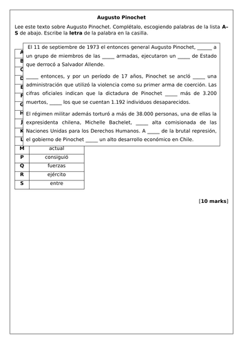 Spanish A Level Reading AQA Gap Fill Exam Practice (10 Questions ...