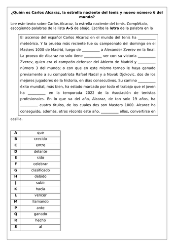 Spanish A Level Reading AQA Gap Fill Exam Practice (10 Questions ...