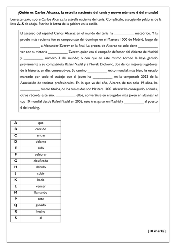 Spanish A Level Reading AQA Gap Fill Exam Practice (10 Questions ...