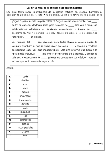 Spanish A Level Reading AQA Gap Fill Exam Practice (10 Questions ...