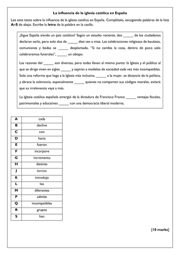 Spanish A Level Reading AQA Gap Fill Exam Practice (10 Questions ...