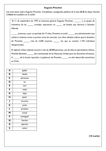 Spanish A Level Reading AQA Gap Fill Exam Practice (10 Questions ...
