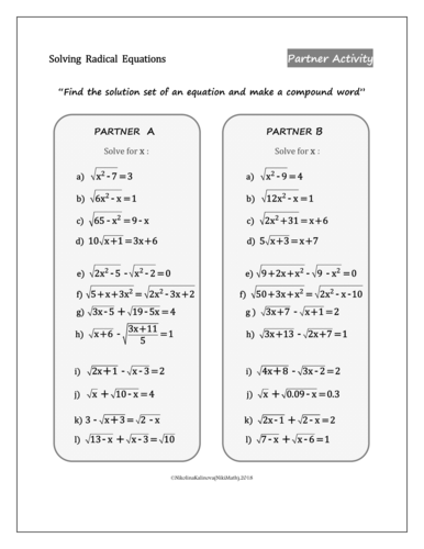 RADICAL EQUATIONS (one and two radicals) - Partner Activity "Make ...